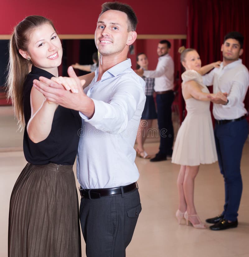 Laughing Dancing Couples Enjoying Foxtrot Stock Image - Image of male ...