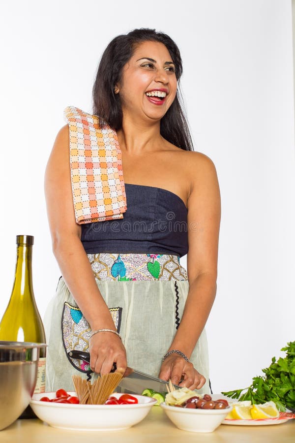Laughing Indian Chef Cuts Vegetables Stock Photo - Image of apron ...