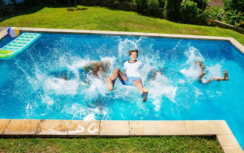 Laughing Kids Fall and Splash into the Pool Water Stock Photo - Image ...