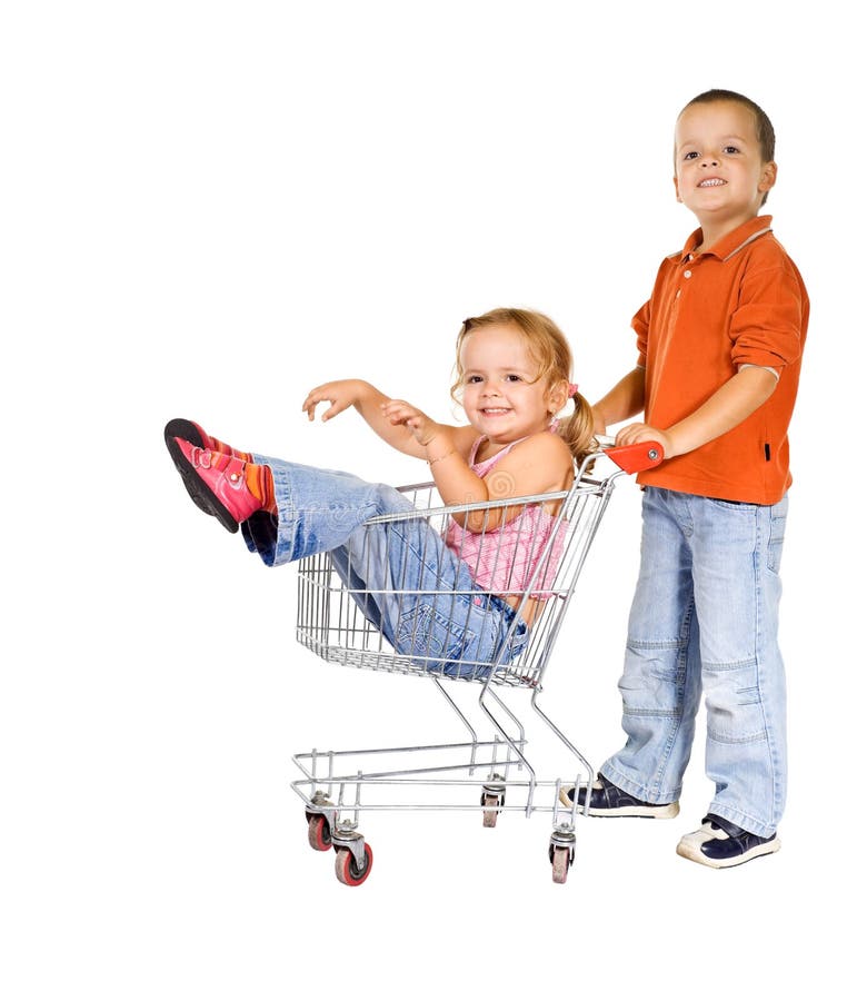 Laughing Kids with Shopping Cart Stock Photo - Image of laughing, girl ...