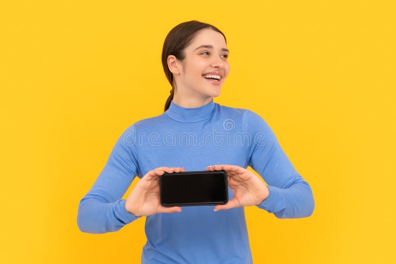 Laughing Lady Showing Smartphone Screen with Copy Space, Webinar Stock ...