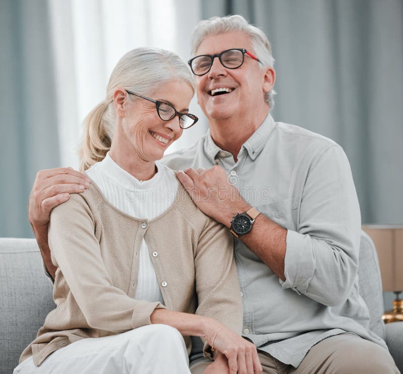 Laughing Love Or Funny Old Couple Hugging On House Living Room Sofa