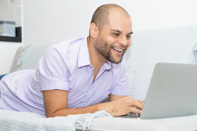 Laughing Man with Bald and Beard Working at Computer Stock Photo ...