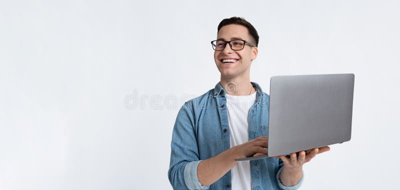 Laughing Man in Glasses and with Laptop Stock Image - Image of ...