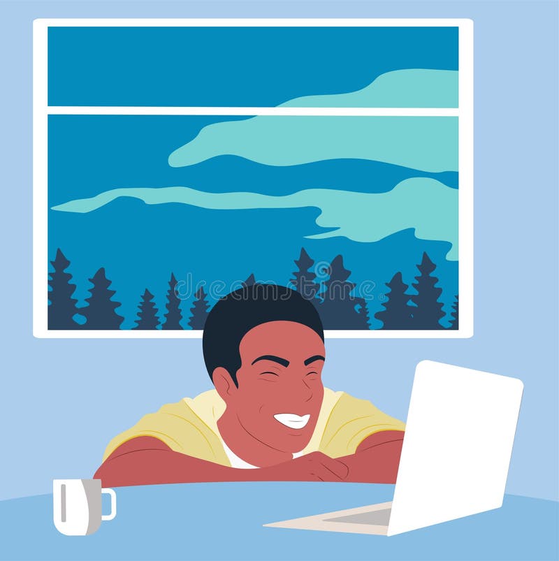 Laughing Man with Laptop.Video Call .Color Flat Vector Illustration ...