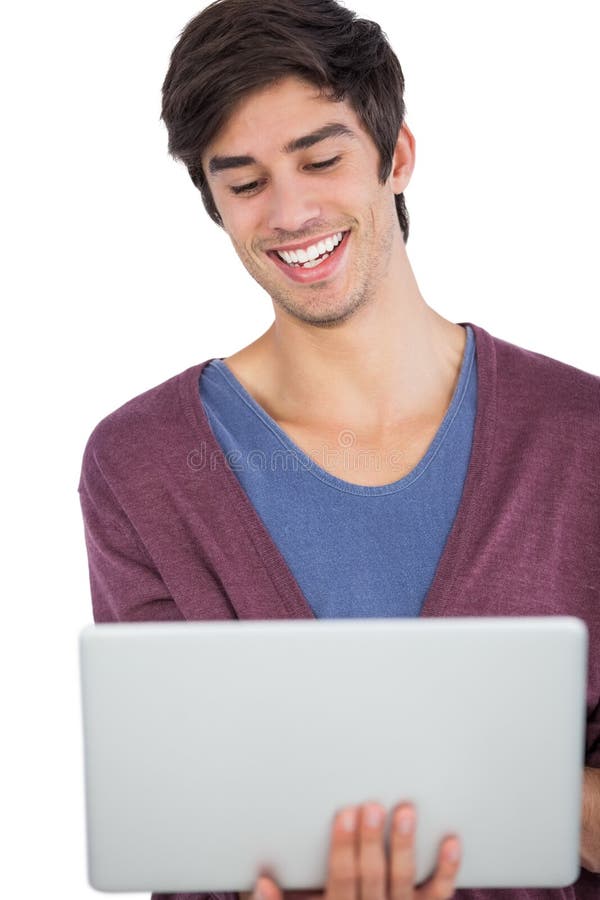 Laughing Man Standing With Laptop Computer Stock Photo - Image of ...
