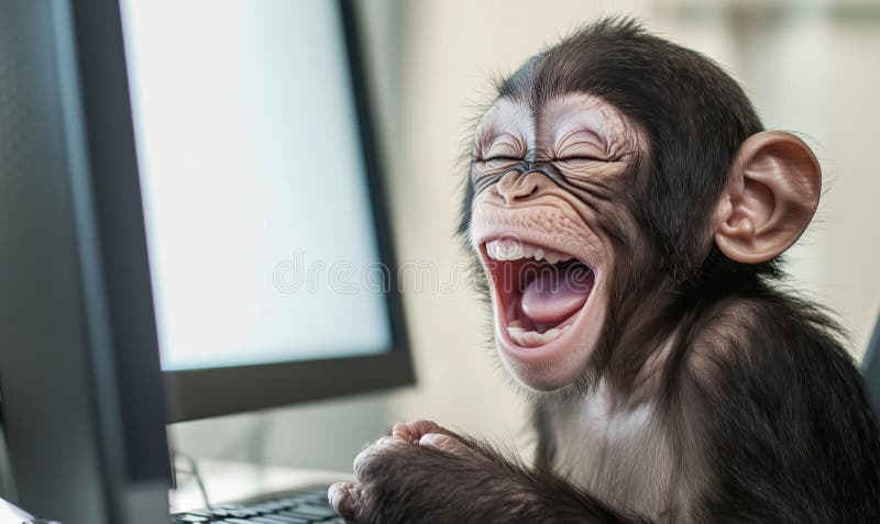 Laughing Monkey at Computer Screen, Joyful Expression, Playful ...
