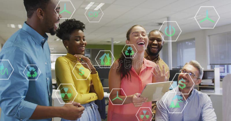 Laughing in Office, Diverse Colleagues with Digital Animation Icons ...