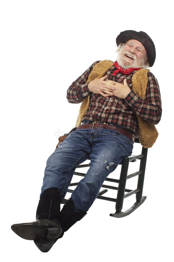 Laughing Old Cowboy Leans Back in Rocking Chair Stock Photo - Image of ...
