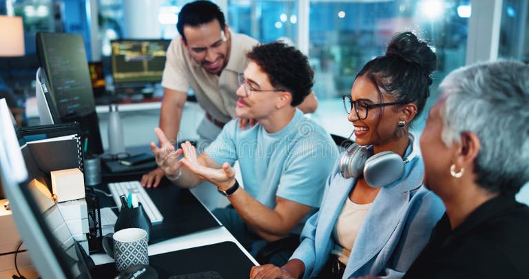 Laughing, Programmer and Group with Computer, Discussion and ...