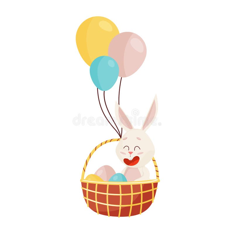 Laughing Rabbit Sitting into Basket with Eggs Stock Vector ...