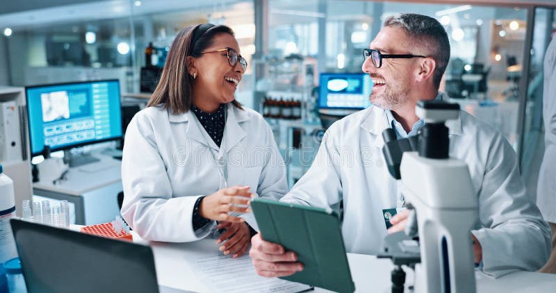 Laughing, Science and Tablet with People in Laboratory Together for ...