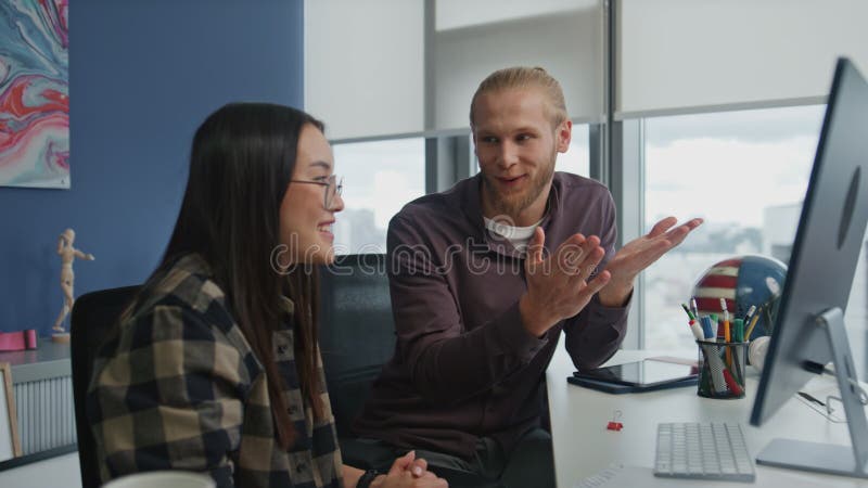 Laughing Startupers Videocalling Computer Hipster Flat. Colleagues ...