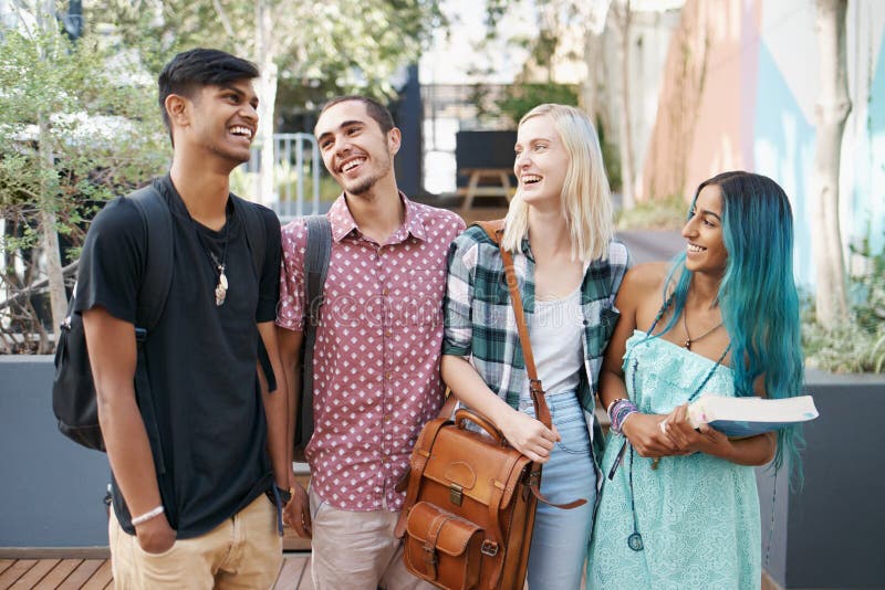 Laughing Students, Bonding or Study Break on College Campus for Group ...