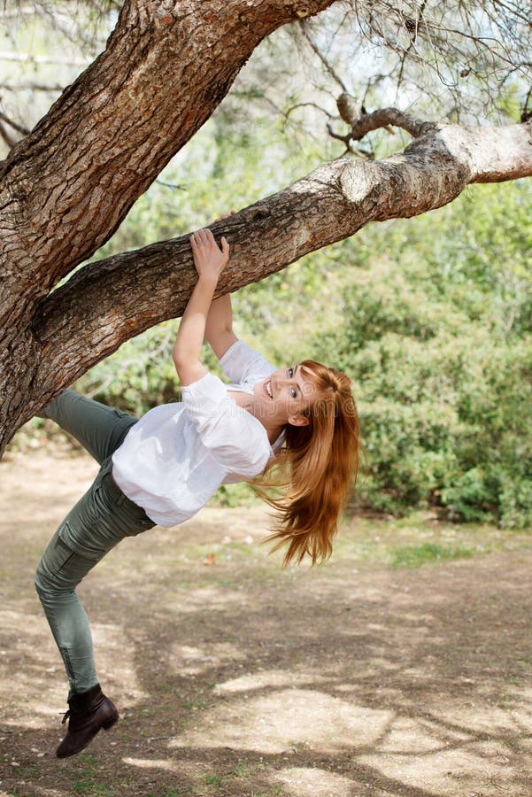 Laughing Woman Climbing a Tree Stock Photo - Image of enjoyment, adult ...