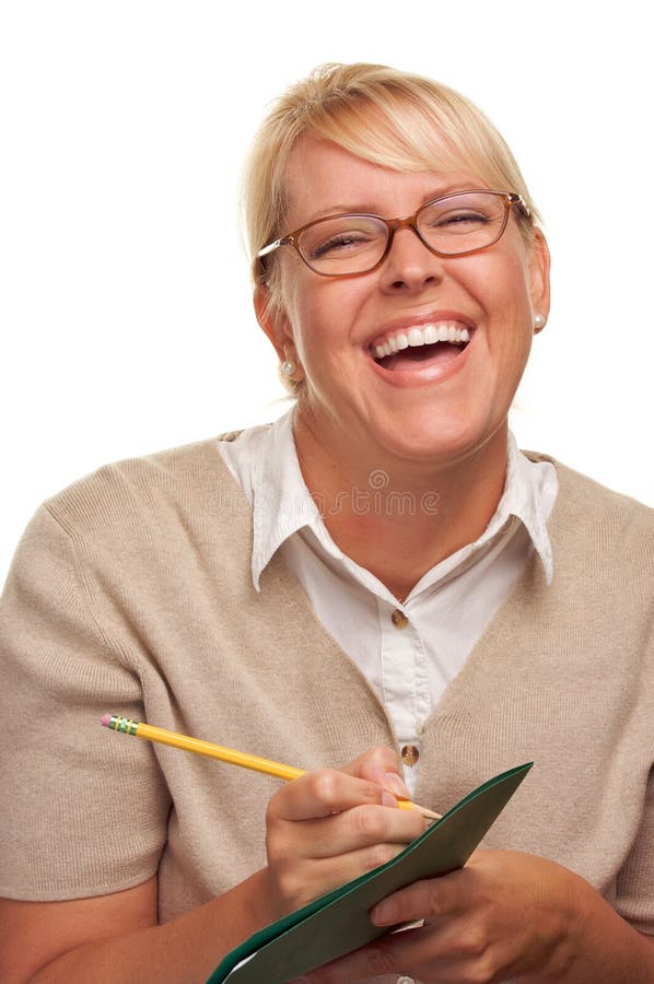 Laughing Woman with Pencil and Folder Stock Photo - Image of academic ...