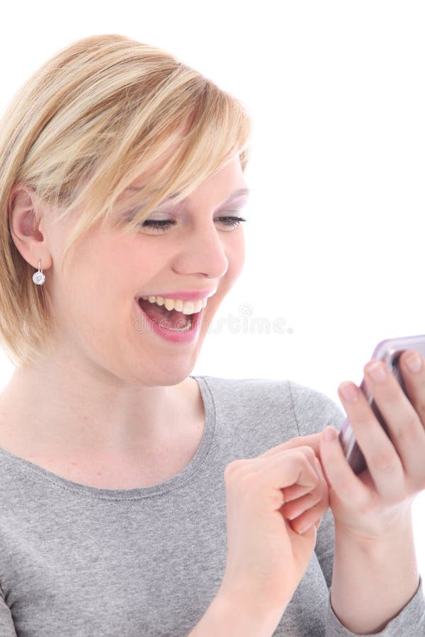 Laughing Woman Reading Text Message Stock Image - Image of happiness ...