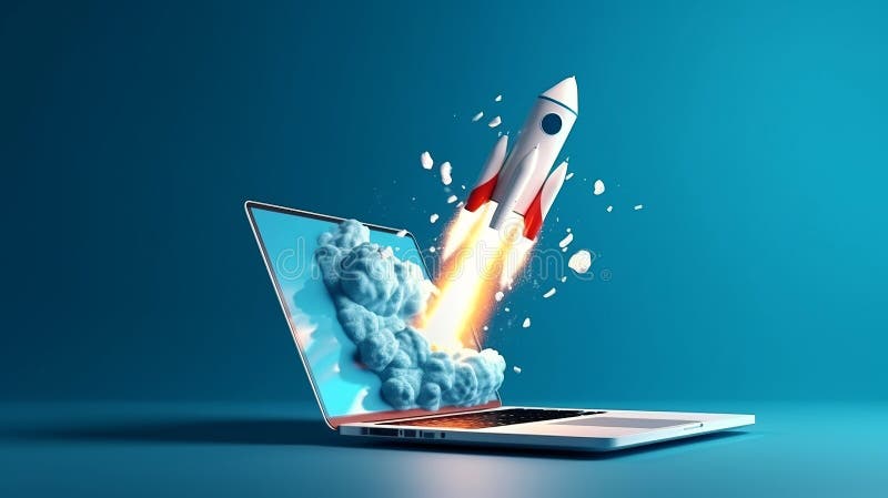 Launch Concept with Rocket Flying Out of Laptop Screen on Blue ...