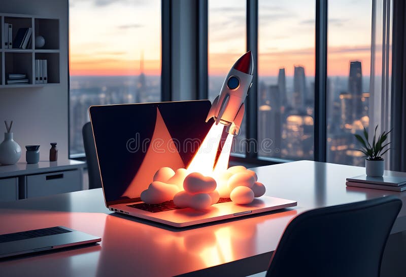Launch into the Future! a Sleek Space Rocket Blasts Off from a Laptop ...