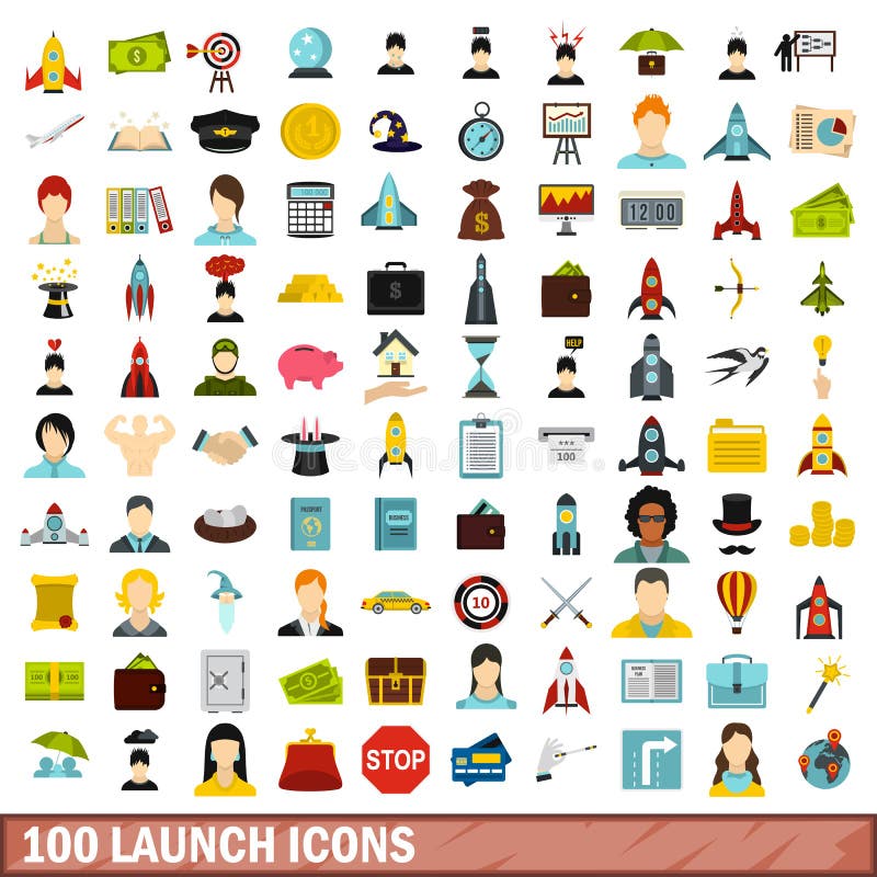100 Launch Icons Set, Flat Style Stock Vector - Illustration of ...