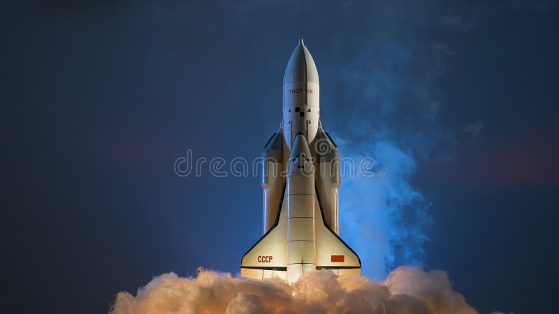 A Spaceship Launching from a Launch Pad into Clear Skies Over a Vast ...