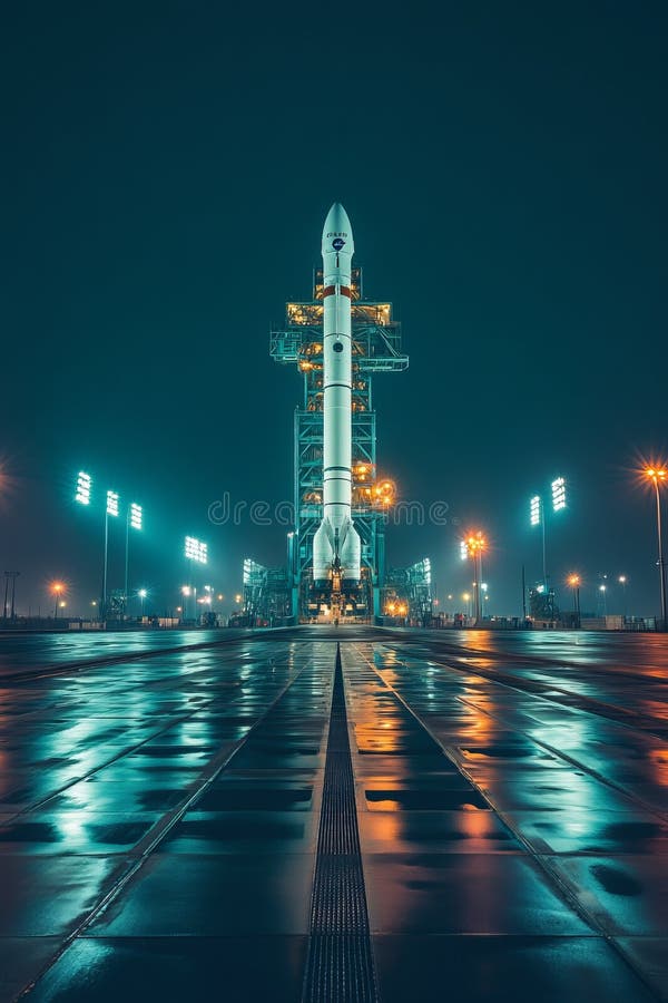 Launch Pad for Launching Satellites, Illuminated by Bright Lights ...