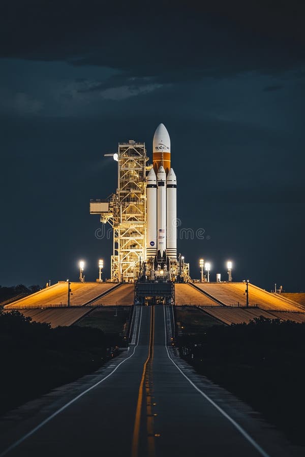 Launch Pad for Launching Satellites, Illuminated by Bright Lights ...