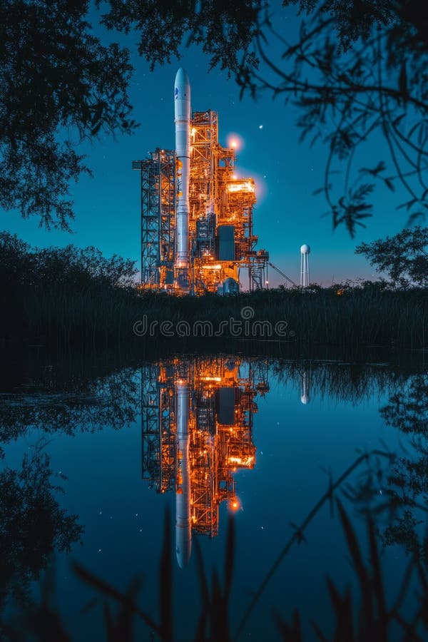 Launch Pad for Launching Satellites, Illuminated by Bright Lights ...