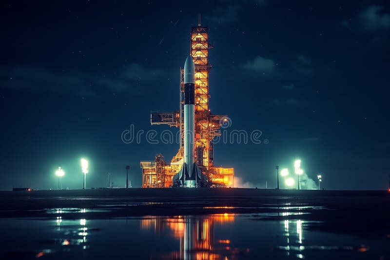 Launch Pad for Launching Satellites, Illuminated by Bright Lights ...