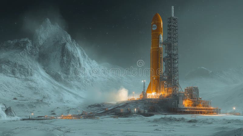 Launch Pad Prepares for Rocket Launch in a Lunar Landscape with a ...