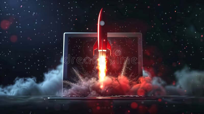 Launch of a Red Rocket from the Laptop Display. Successful Start Stock ...