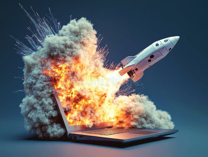Launch of a Rocket Start from Laptop Screen. Concept of Successful Business Startup. Creative ...