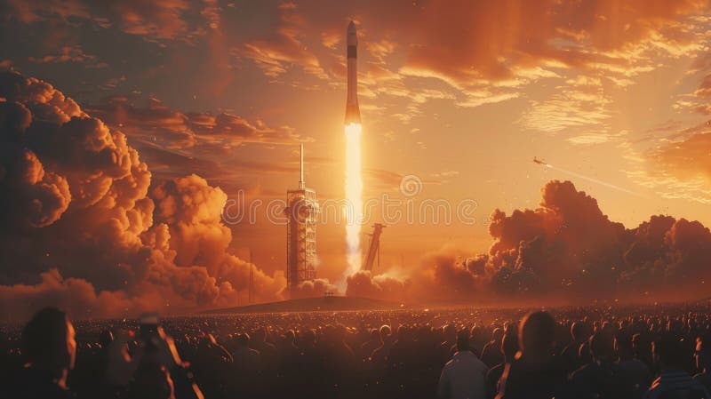 The Launch of a Space Rocket, Captured from a Distance, with a Crowd ...