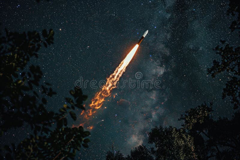 Launch of a Space Rocket at Night Illuminating the Dark Sky with Fire ...