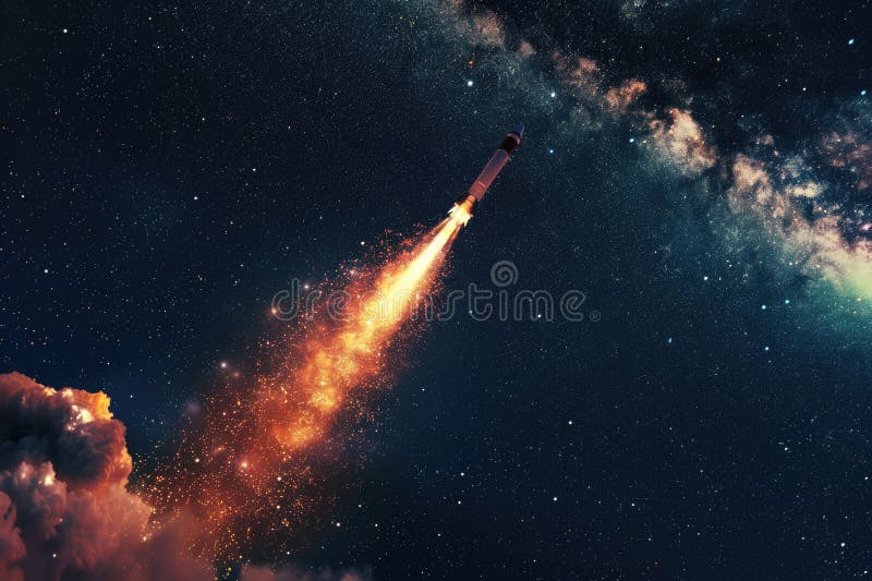 Launch of a Space Rocket at Night Illuminating the Dark Sky with Fire ...