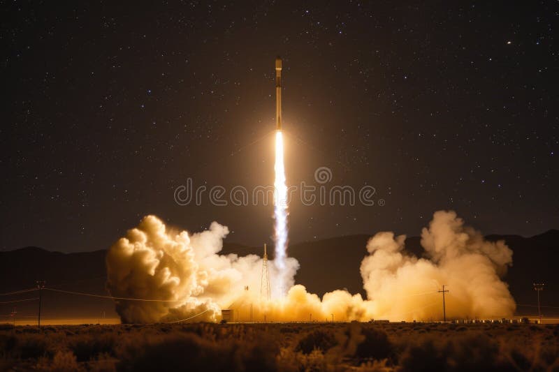 Launch of a Space Rocket at Night Illuminating the Dark Sky with Fire ...