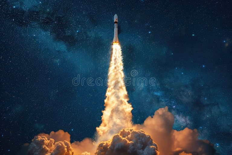 Launch of a Space Rocket at Night Illuminating the Dark Sky with Fire ...