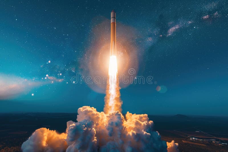 Launch of a Space Rocket at Night Illuminating the Dark Sky with Fire ...