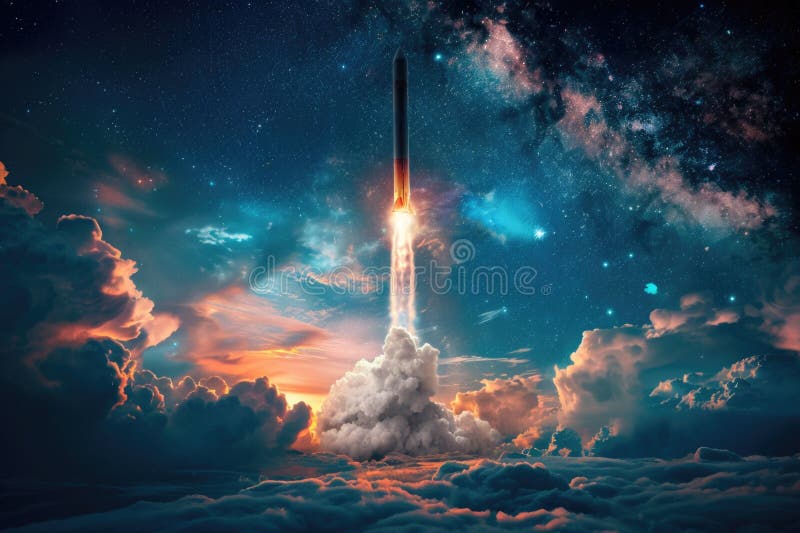 Launch of a Space Rocket at Night Illuminating the Dark Sky with Fire ...
