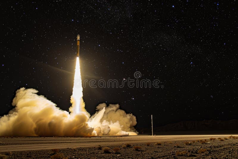 Launch of a Space Rocket at Night Illuminating the Dark Sky with Fire ...