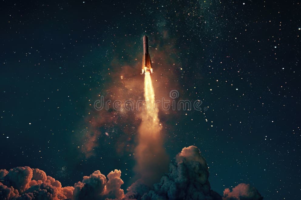 Launch of a Space Rocket at Night Illuminating the Dark Sky with Fire ...