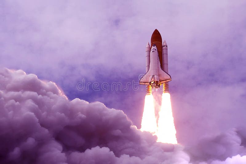 The Launch of a Space Rocket at Night, in Clouds of Smoke. Elements of ...