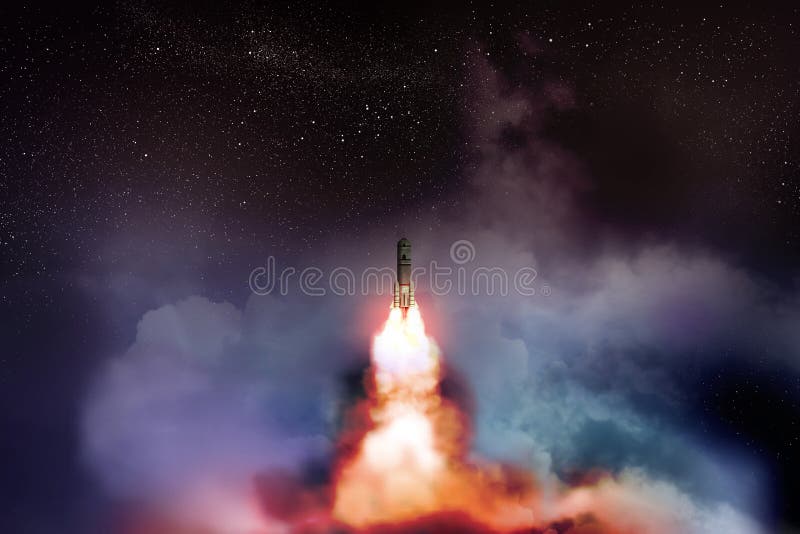 Launched Rocket in Flight, Night Starry Sky Background. Rocket Starts ...