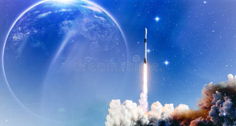 Launched Rocket in Flight, Night Starry Sky Background. Rocket Starts ...