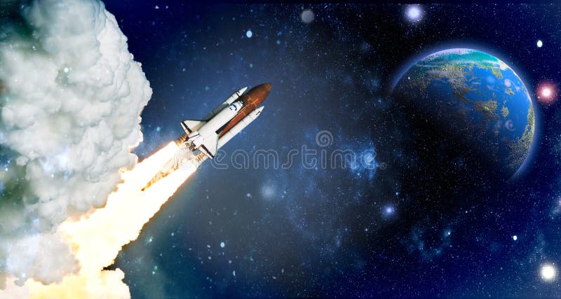 Launched Rocket in Flight, Night Starry Sky Background. Rocket Starts ...