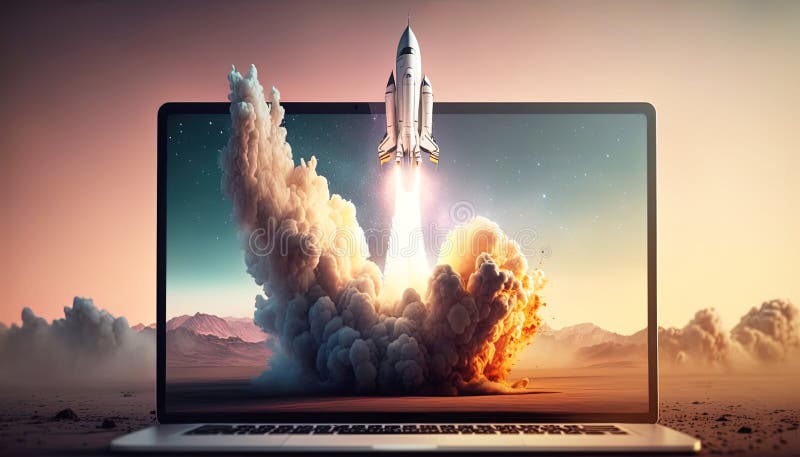 Launching Business Concept. Space Rocket Fast Laptop Screen Computer ...