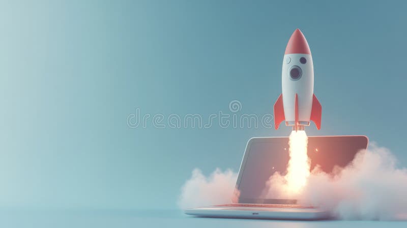 Launching a Digital Rocket from a Laptop with Fiery Clouds Promoting ...