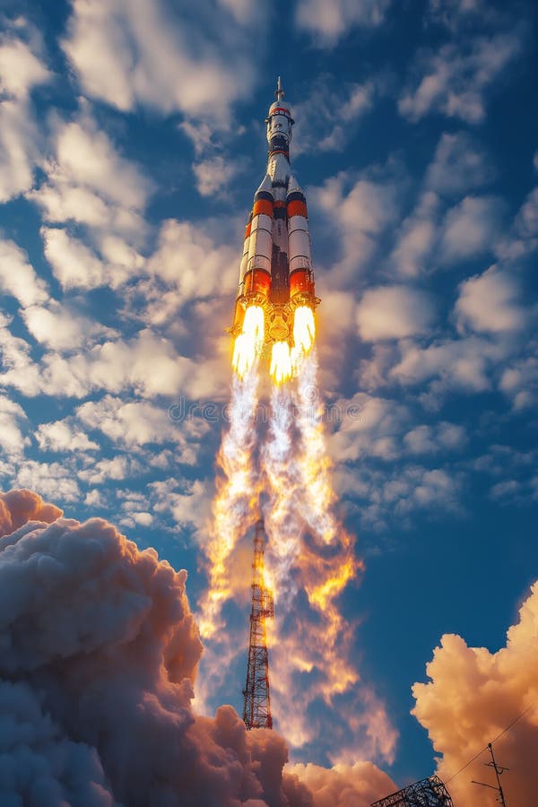 Launching Flight Rocket from a Spaceport into Space on Background a ...