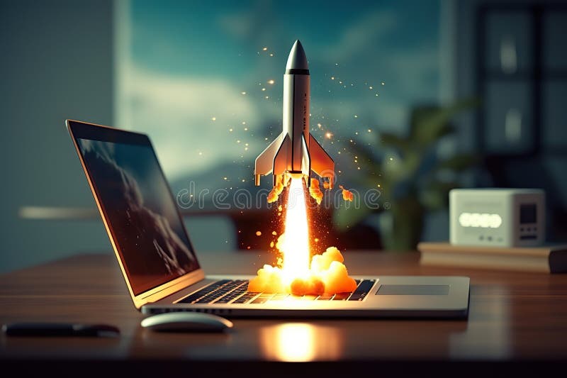 Successful Startup Concept. Launching Rocket on Office Table ...