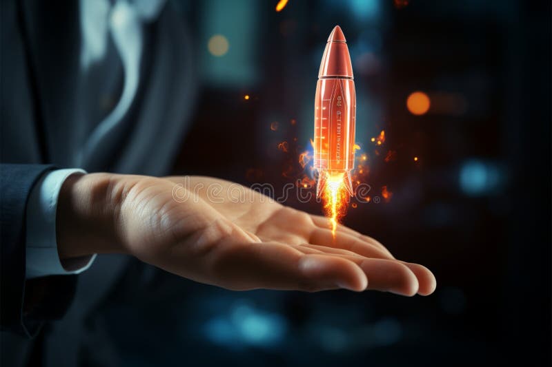 Launching Innovation Male Hand Activates a Rocket in Virtual Interface ...
